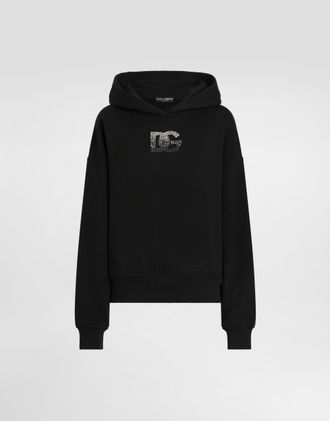 Dolce & Gabbana Kapuzensweatshirt Aus Jersey Mit Dg-strassstickerei - Frau T-shirts Und Sweatshirts Schwarz 44