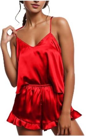 Generic Ensemble de pyjama en soie pour femme 2026 pour femmes, caraco en satin, vêtements de nuit, lingerie à col en V, haut et short, Rouge, XXL