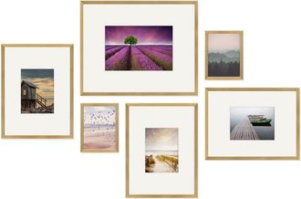 Photolini goldene Bilderrahmen Set verschiedene Größen, 6 MDF Holz Bilderrahmen mit Passepartout, Bilder Rahmen mit Acrylglas, No.6 Bilderrahmenset zum Aufhänge