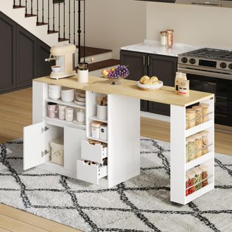 Merax Bartisch mit Stauraum, mit dreiseitigen Regalen&2 Schubladen, K&uuml;cheninsel mit ausziehbarer Arbeitsplatte115cm - mit 360&deg; Drehfunktion, Wei&szlig;