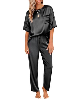 Ekouaer Damen Schlafanzug Satin Pyjama Set mit Taschen Zweiteiler Pyjama Lang Hose Freizeitanzug Sommer Seide Kurzes Top, Schwarz, XL