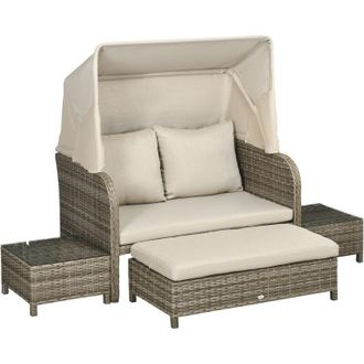 OUTSUNNY Ensemble salon de jardin 2 places 4 pcs - canap&eacute;, repose-pieds, 2 tables basses - coussins inclus - r&eacute;sine grise polyester kaki