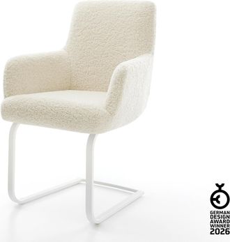 DELIFE Freischwinger Heira-Flex mit Armlehnen Teddystoff Beige Freischwinger flach Wei&szlig; Taschenfederkern, Esszimmerst&uuml;hle