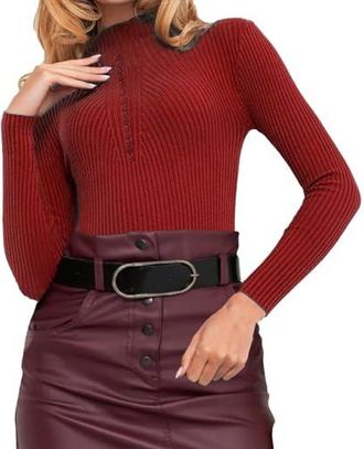 Generic Pull en tricot pour femme, pull à manches longues et col montant, décontracté, coupe ajustée, avec bouton décoratif, côtelé, classique, automne et hiv