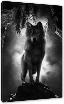 Pixxprint Böser Wolf bei Gewitter im Höhleneingang B&W Detail, Größe: 100x70cm, Leinwandbild, fertig gespannt, Wandbild, Dekoration, Kunstdruck, kein Poster