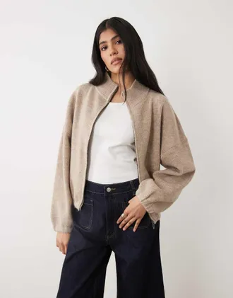 Cotton On Luxe - Bomberjacke in meliertem Chai Dust mit gefaltetem Saum-Neutral