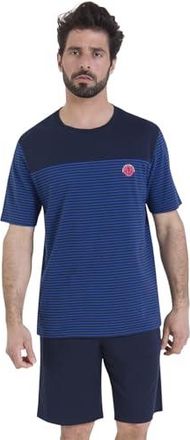 Athéna Ensemble Pyjama Court Homme, Nightwear Rayures- Jersey 100% Coton Respirant - Fils Teints - T-Shirt Manches Courtes + Short - Label Oeko-TEX Standard 