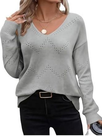 Zeagoo Pull en Crochet pour Femme Élégant Pull à Col en V Manches Longues Ajourné Tricot Automne Hiver Motif Torsadé Gris Clair XL