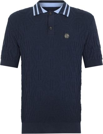 Philipp Plein Homme, Tops, Bleu, Taille: XL Polo Tricot Monogramme Jacquard