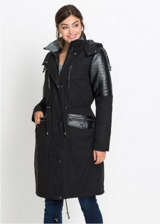 Bonprix Langjacke Winterjacke mit Kapuze als Long-Parka mit Lederimitateinsatz