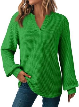 Generic Chemise unie à manches longues pour femme - Coupe droite - Chemise décontractée à boutons - Col en V - Pour la vie quotidienne - Cadeau de Noël, Vert,