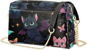 Mnsruu Sacs à bandoulière en cuir pour femme, motif chat chauve-souris, étoiles, sac à main