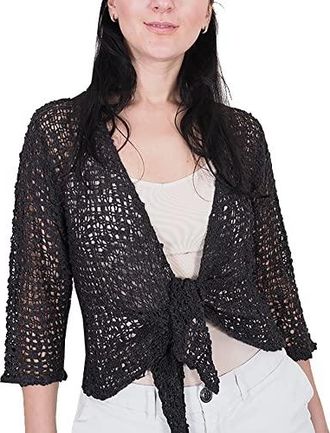 Mimosa Femme Bolero Cardigan au Crochet Popcorn Plaine Etendue R&eacute;sille Haussement D&eacute;paules (Taille Unique, Black Bol&eacute;ro)