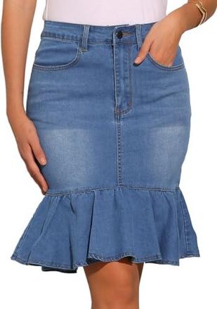 Allegra K Jupe en Jean Femme Longueur Genou Jupe Moulante Sir&egrave;ne &agrave; Volants Ourlet en Queue de Poisson Jupe Taille Haute Vintage Bleu Clair XL