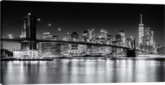 Posterlounge New York City Skyline bei Nacht, Brooklyn Bridge I Leinwandbild von Sascha Kilmer 100 x 50 cm Schwarz-Wei&szlig; Wandbilder Wanddeko