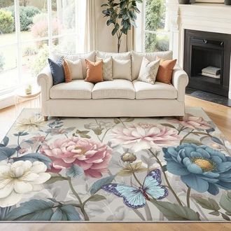 Generic Tapis de D&eacute;coration Rectangulaire, R&eacute;tro Oriental Plantes Fleurs Pivoine Kids Flanelle Tapis pour Chambre denfant - Rose Int&eacute;rieur Antid&eacute;rapant Tapis 