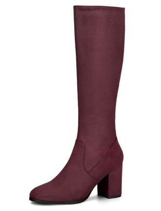 Allegra K Damen Round Toe Rei&szlig;verschluss Blockabsatz Kniehohe Boots Stiefel Burgundy 37