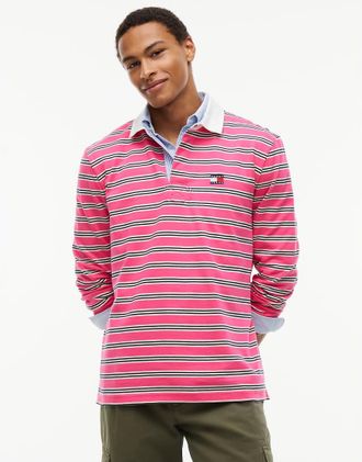 Tommy Jeans Tommy Badge Stripe Relaxed Fit Rugbyshirt in Pink Alert-Streifen-Rosa