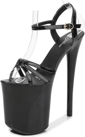 Generic Noir,44 EU,Escarpins à Talons Aiguilles de 20 cm/7,8 Pouces pour Femmes, Bout Ouvert, Bride à la Cheville, Boucle, Plateforme, Sandales à Talons, Chau