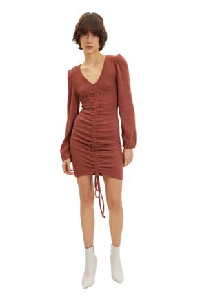 Trendyol Trendyol Womens Woman Mini Bodycon V-Neck Knit Dress, Tile Red, M