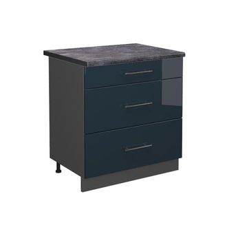 Vicco Meuble Cuisine Fame-Line, Bleu fonc&eacute; Brillant/Anthracite, 80 cm avec 3 tiroirs, PT Anthracite