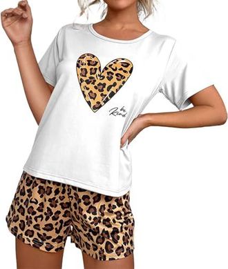 Generic Pyjama en coton &agrave; manches courtes pour femme - Ensemble short l&eacute;opard deux pi&egrave;ces confortable - Pull &agrave; col rond - Motif coeur - L&eacute;ger - Assorti - Tail