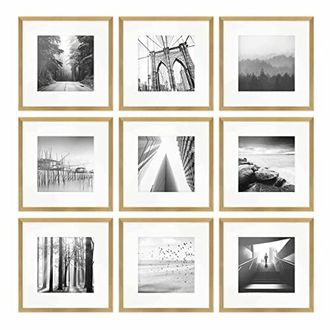 Photolini Cadre 30 x 30 bois MDF doré, lot de 9 cadres photo avec passe-partout pour posters et affiches, verre acrylique incassable, décoration murale à suspen