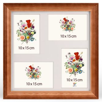 MG Design Bilderrahmen Collage f&uuml;r 4 Fotos 10 x 15 cm Braun - Mehrfachrahmen aus Echtholz mit gefr&auml;stem Zierprofil, Acrylglas und Passepartout, Wandmontage Hoch