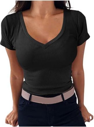 Generic T-Shirt Femme Manches Courtes Col en V Boutonn&eacute; Haut &Eacute;t&eacute; C&ocirc;tel&eacute; Chic et &Eacute;l&eacute;gant Pull Extensible Slim Fit Sexy Tee Tops L&eacute;ger D&eacute;contract&eacute;