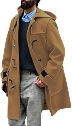 Generic Manteau dhiver &agrave; capuche pour homme - Veste &agrave; boutons en corne - Long - Coupe ajust&eacute;e - Manteau dhiver pour homme - Manteau daffaires en laine - Mante