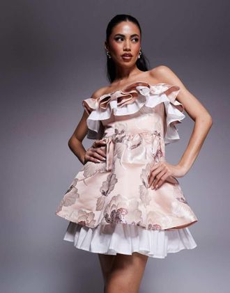 Asos Robe patineuse courte bandeau en jacquard en popeline pliss&eacute;e - Imprim&eacute; fleurs-rose