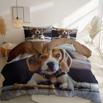 Generic Tiere Beagle Motiv Bettw&auml;sche Set - Modern S&uuml;&szlig;er Hunde Motiv Weiche Bettbezug 180 x 200 cm, Braunes Gem&uuml;tlich Bettbezug mit Rei&szlig;verschluss und Kissenb