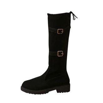 Generic Bottes mi-mollet d&eacute;contract&eacute;es et confortables pour femme - &Eacute;l&eacute;gantes - Bout rond - Talon bas et &eacute;pais - Couleur unie - Boucle - &Agrave; enfiler - Longues b