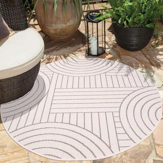 Carpet City Tapis dintérieur et dextérieur beige, crème - Tapis réversible - 160 cm rond - Motif géométrique - Résistant aux intempéries - Pour balcon, terrasse -