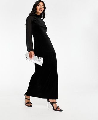 Vero Moda Y.A.S - Robe mi-longue à col montant en velours et tulle - Noir