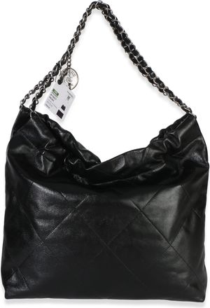 Chanel Mens Black Quilted Shiny Calfskin 22 Hobo Leather Handbag