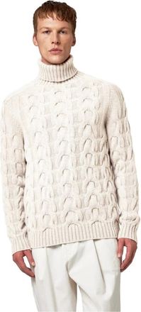 Alpha Studio Homme, Pulls, Blanc, Taille: M Braid Cable Stitch Lux Turtle Neck Sweater