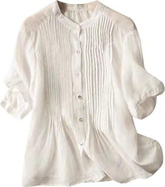 Generic Chemisier d&eacute;contract&eacute; &agrave; manches mi-longues pour femme - Haut en coton et lin pour femme - T-shirt uni en lin pour sortir, taille 48, t-shirts amples, 