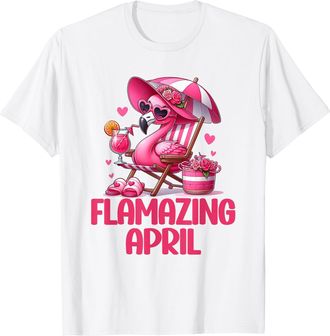 BDAZ Flamazing April Pink Flamingo Tropical Beach Scene Damen T-Shirt