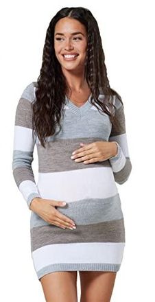 Happy Mama Femme Maternit&eacute; Robe Pull de Grossesse. Rayures vari&eacute;es. 405p (Cappuccino M&eacute;lange, 40-42, L/XL)