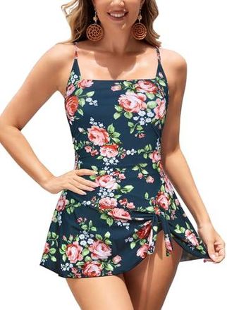 SHEKINI Maillot de bain une pièce pour femme Contrôle du ventre Maillots de bain Noeud papillon Maillot de bain pour femme, Bleu/rouge à fleurs, XXL