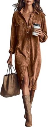 Minetom Robe Chemise en Velours C&ocirc;tel&eacute; Femme Automne Hiver D&eacute;contract&eacute;e Manches Longues Robes avec Boutons Poches A Marron XL