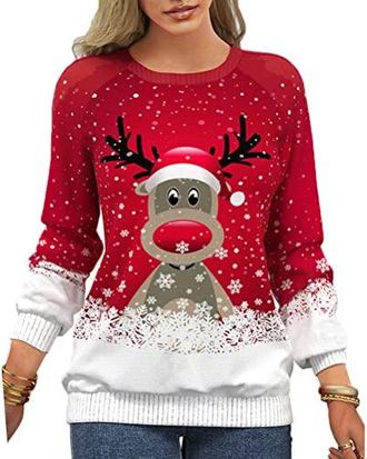 Onsoyours Sweatshirt Femme Pull Imprimé Noël T-Shirts à Manches Longues Pullover Chic et Élégant Déguisement de Noël Col Rond Tops NoëL Sweat D Rouge 01 3XL
