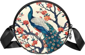 Generic Sac &agrave; bandouli&egrave;re rond pour femme, motif fleurs de paon avec fermeture &eacute;clair, bretelles r&eacute;glables, sac &agrave; main rond d&eacute;contract&eacute; pour femmes et filles