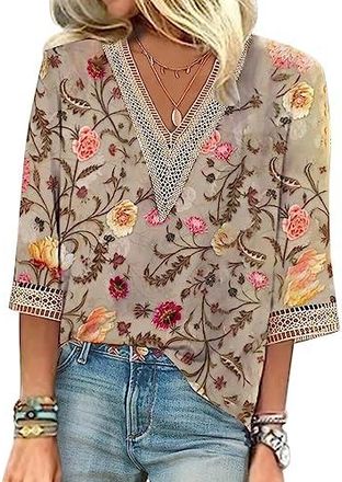 ORANDESIGNE Chemise Femme Ete Fluide Ample Haut Demi Manche Tee Shirt Col V Curve L&acirc;che T-Shirt &agrave; imprim&eacute; Floral Blouse Tunique Boheme Chemisier Retro Vintage Mod