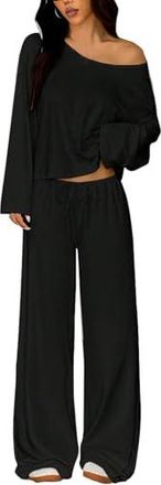 Generic Tenues 2 pi&egrave;ces pour femmes, surv&ecirc;tements &agrave; &eacute;paules d&eacute;nud&eacute;es, pantalon de surv&ecirc;tement &agrave; jambes larges, ensembles de d&eacute;tente d&eacute;contract&eacute;s &agrave; manches lon