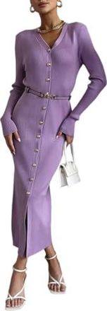 Minetom Robe Pull Femme Hiver Longue Automne Hiver Col V Manches Longues Slim Tricot Dress avec Boutons A Violet XS