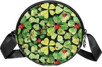 Generic Sac &agrave; bandouli&egrave;re rond pour femme, motif feuilles de coccinelle, petit sac &agrave; bandouli&egrave;re avec fermeture &eacute;clair, bretelles r&eacute;glables, sac &agrave; main rond d