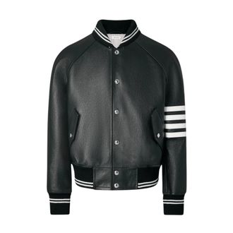 Thom Browne Homme, Vestes, Noir, Taille: L Blouson Bomber 4 Bar en Cuir de Veau