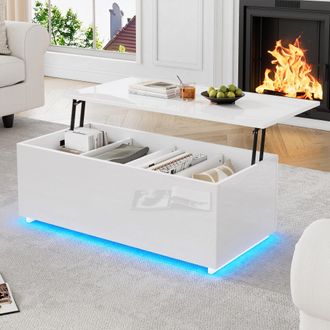 Generic Couchtisch Hochglanz modern mit LED-Beleuchtung und hydraulisch hebbarer Tischplatte - 4 versteckte Fächer für Stauraum, Beistelltisch für Wohnzimmer,
